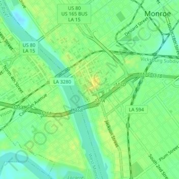 Mapa topográfico Downtown Monroe Historic District, altitud, relieve