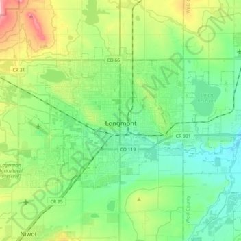 Mapa topográfico Longmont, altitud, relieve