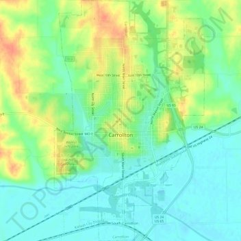Mapa topográfico Carrollton, altitud, relieve
