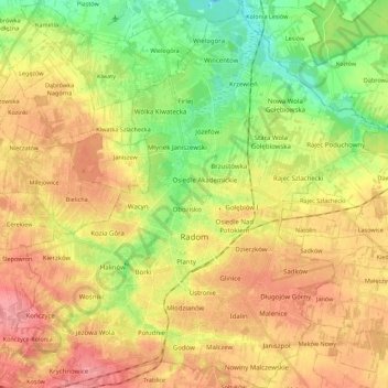 Mapa topográfico Radom, altitud, relieve