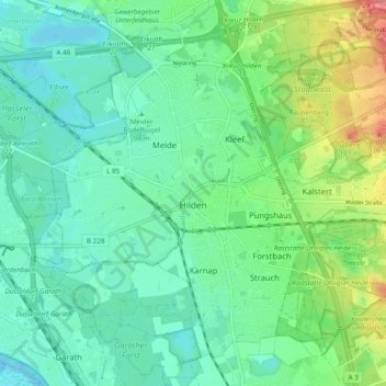 Mapa topográfico Hilden, altitud, relieve